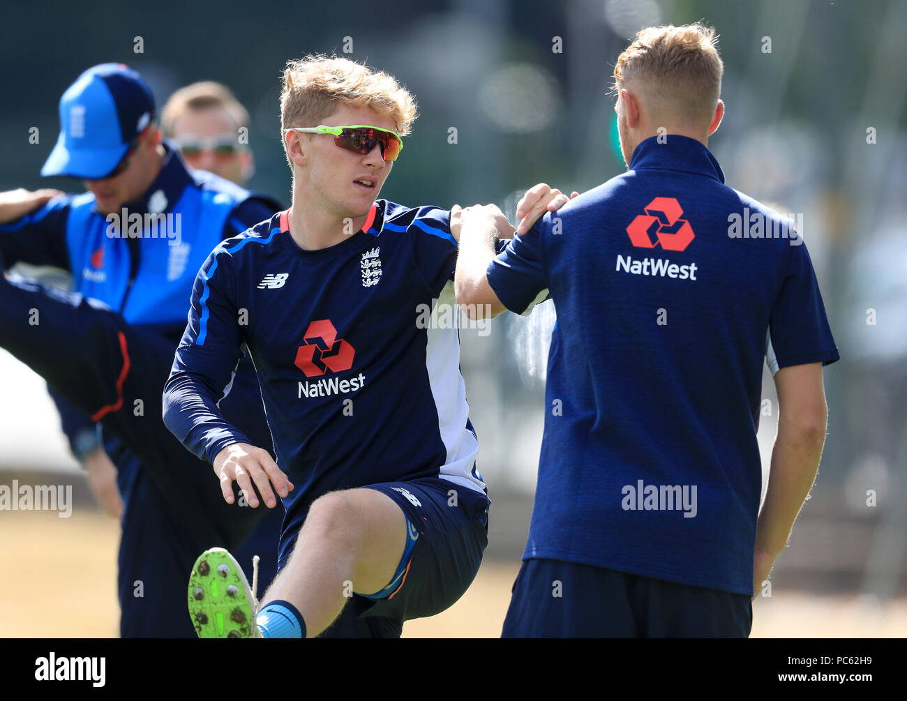 England's Dominic Bess (left) and Ben Stokes during a nets session at ...