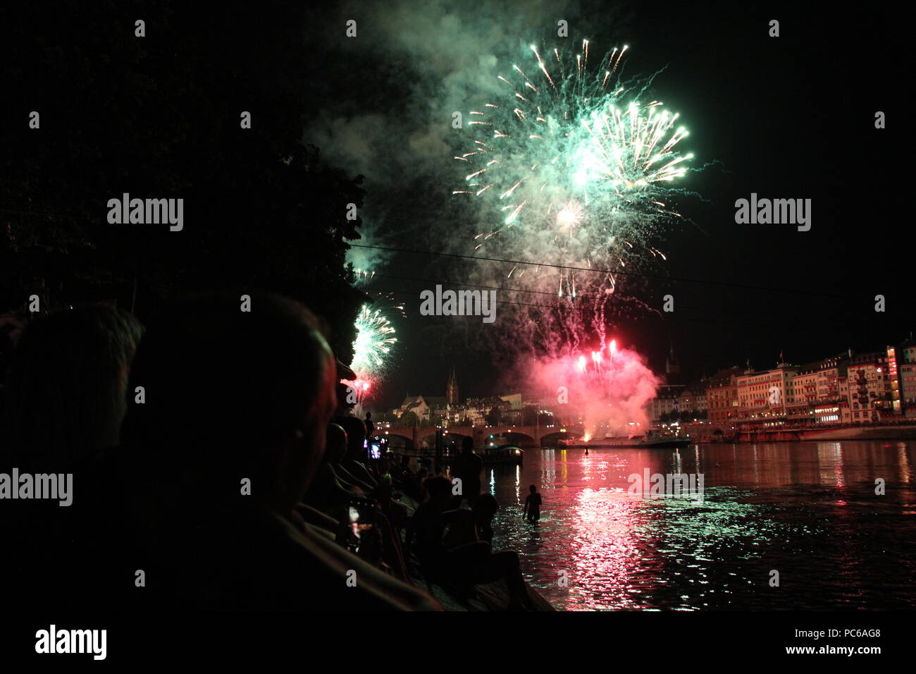 Basel, Switzerland. 31st July 2018. Fireworks display on the Rhine ...