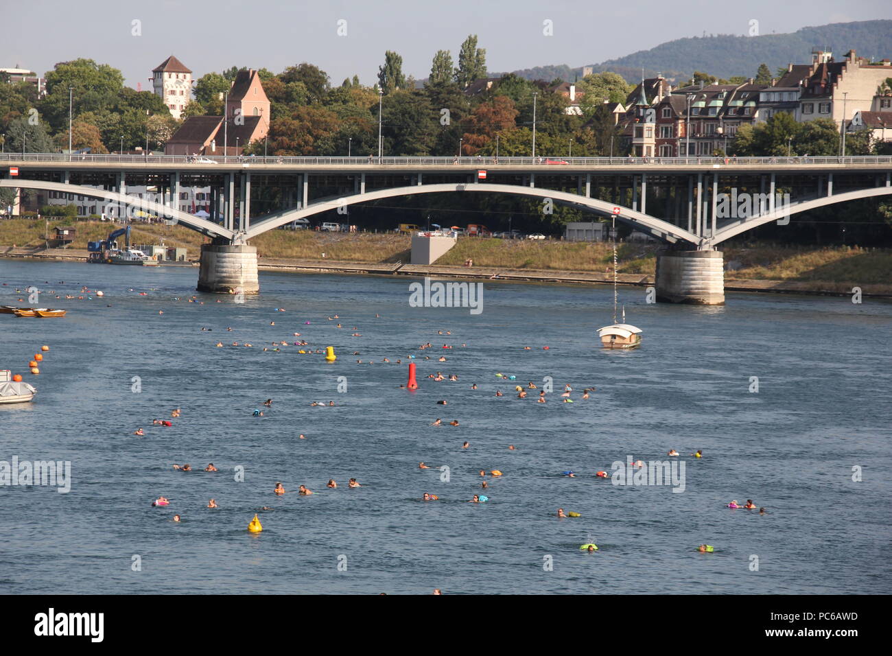 Basel, Switzerland. 31st July 2018. People swimming in the Rhine river ...