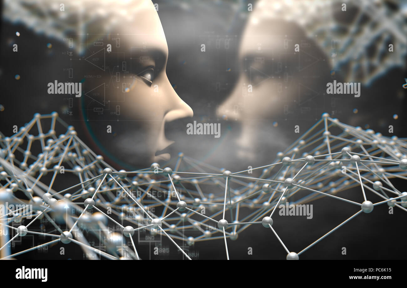 Artificial intelligence and cyborg concept with face and net ...