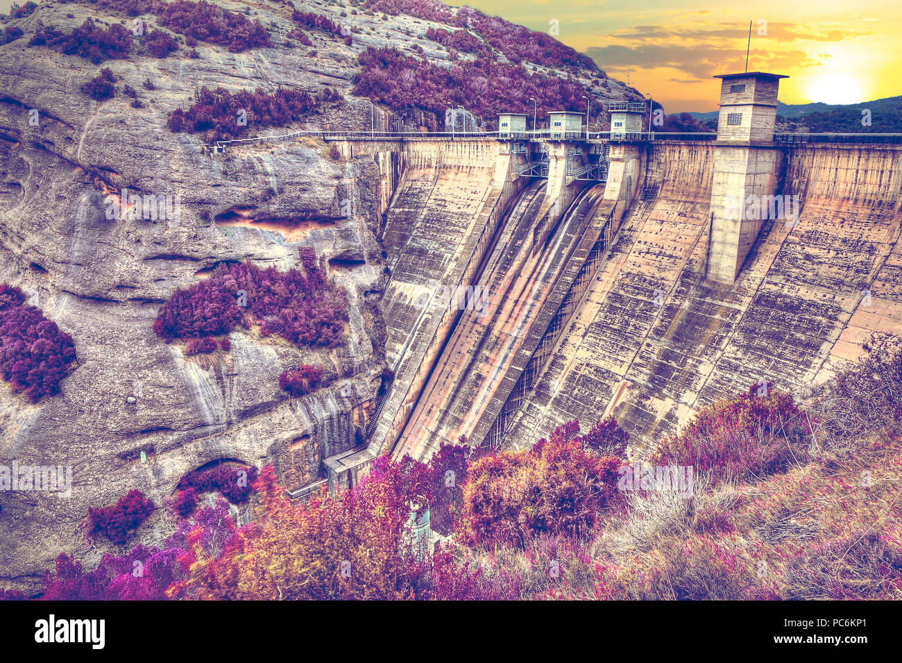 Surreal landscape water dam structure.Engineering and environment ...