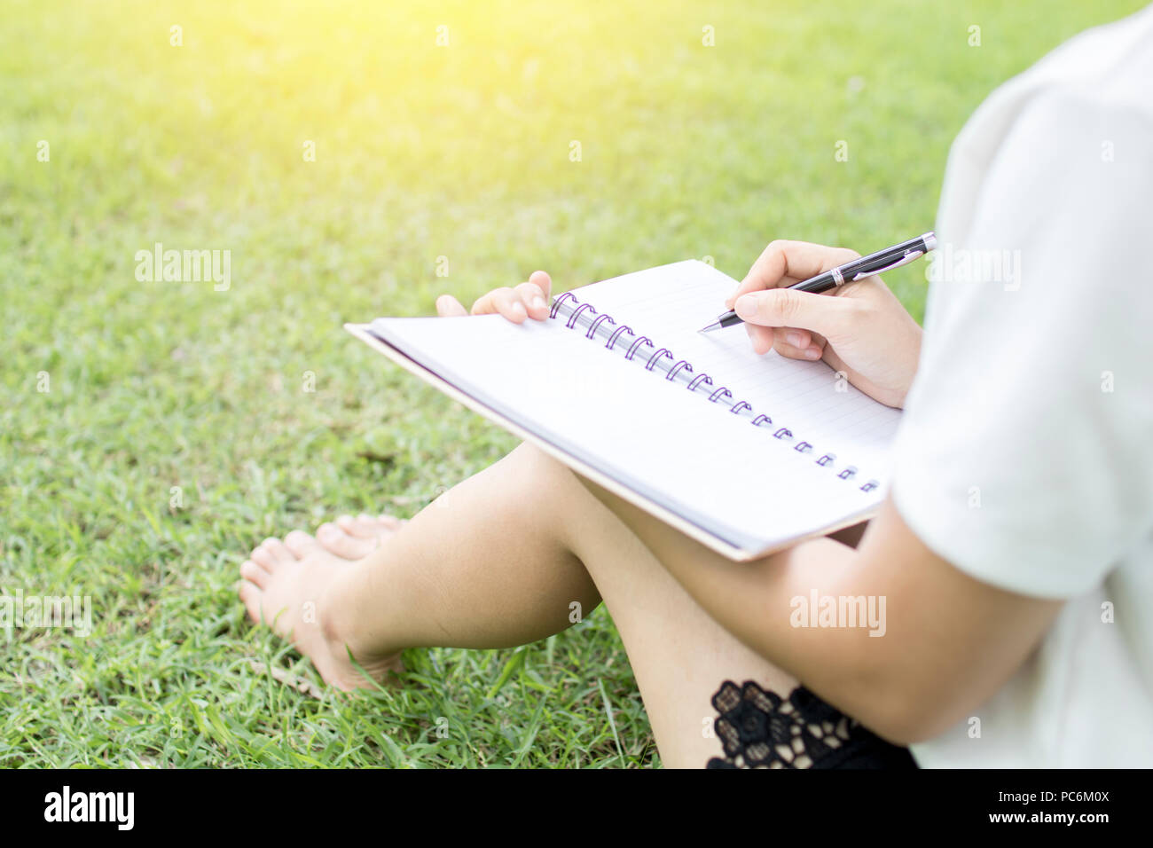 women writing memory on notebook on green grass filed Stock Photo - Alamy