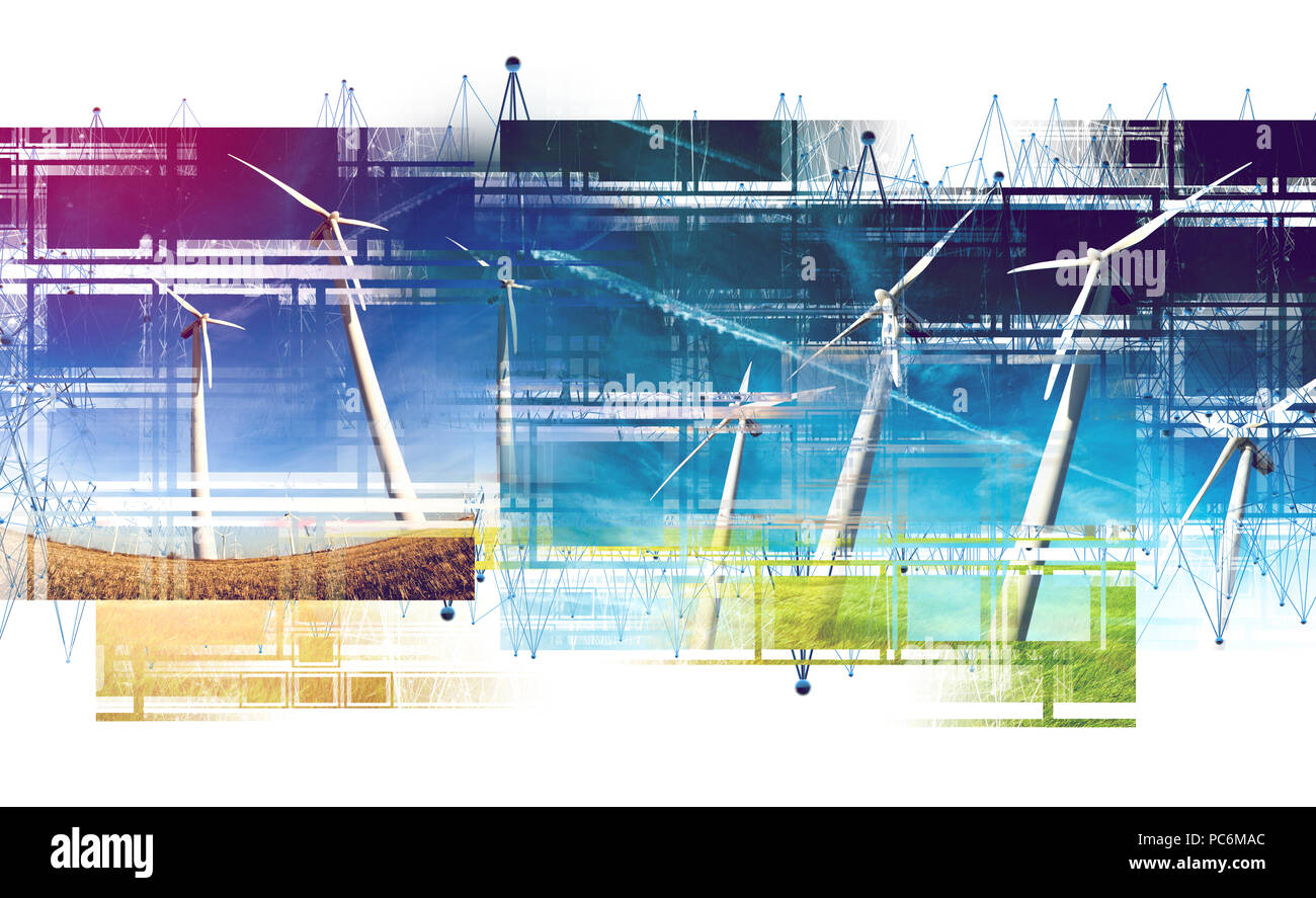 Collage or design with double exposure.Wind mills and technology ...