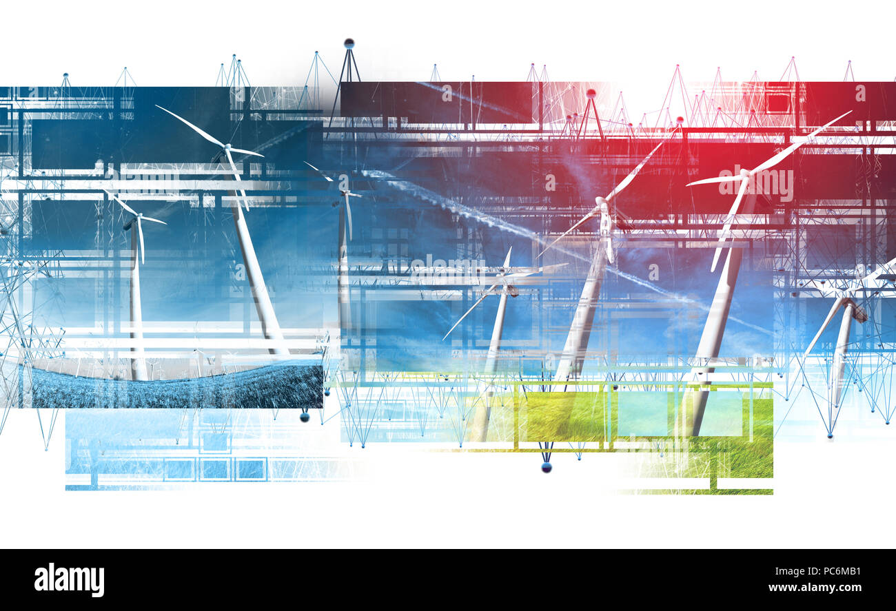 Collage or design with double exposure.Wind mills and technology ...