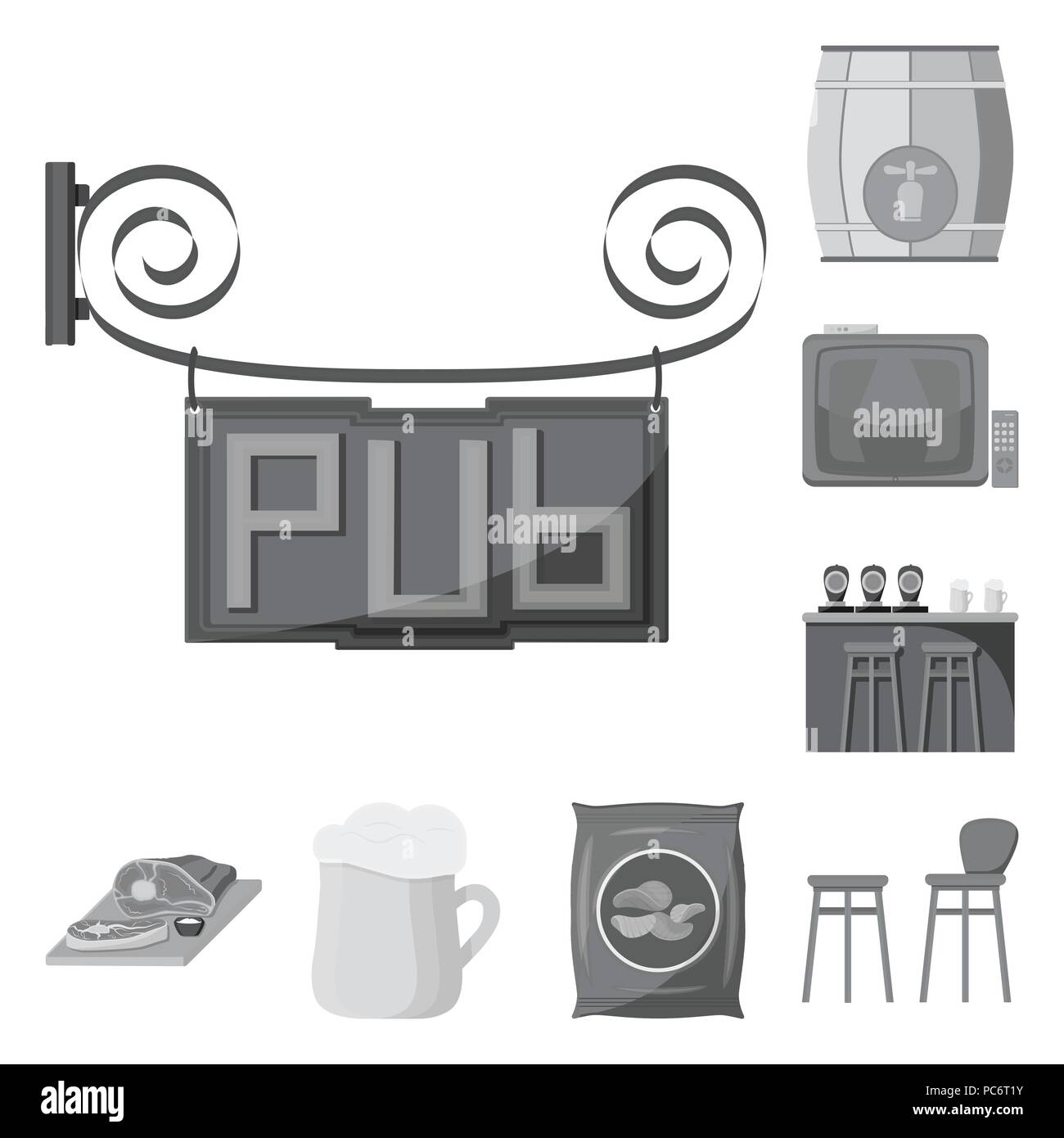 Pub, interior and equipment monochrome icons in set collection for ...