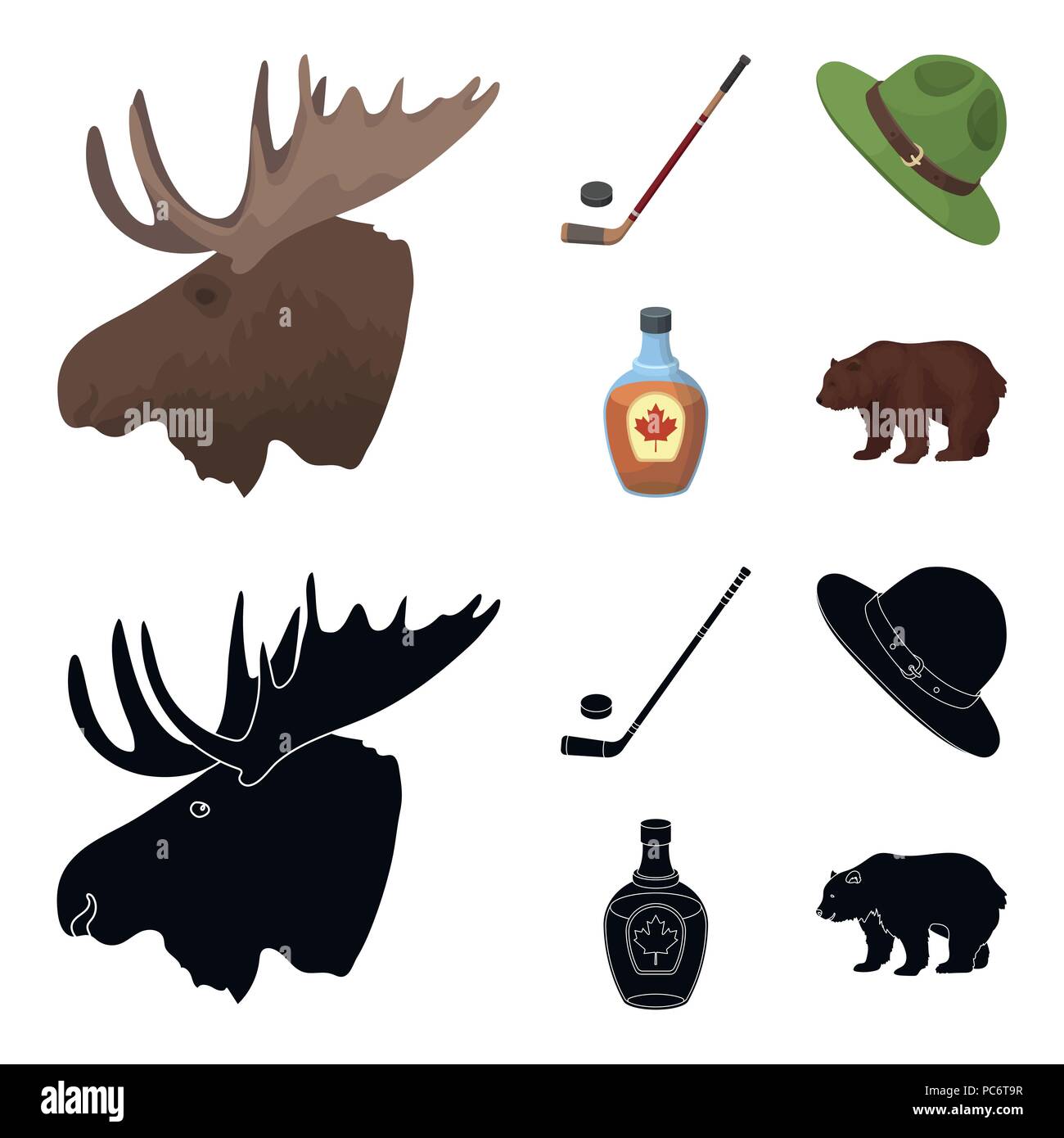 A canadian policeman hat, a bottle of maple syrup and other Canadian ...