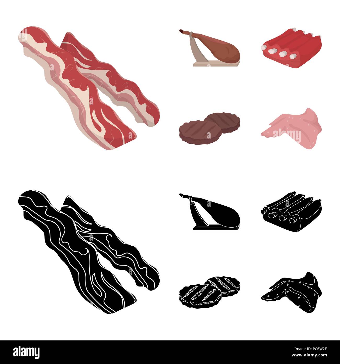 Bacon, jamon, pork ribs, fried cutlets. Meat set collection icons in ...