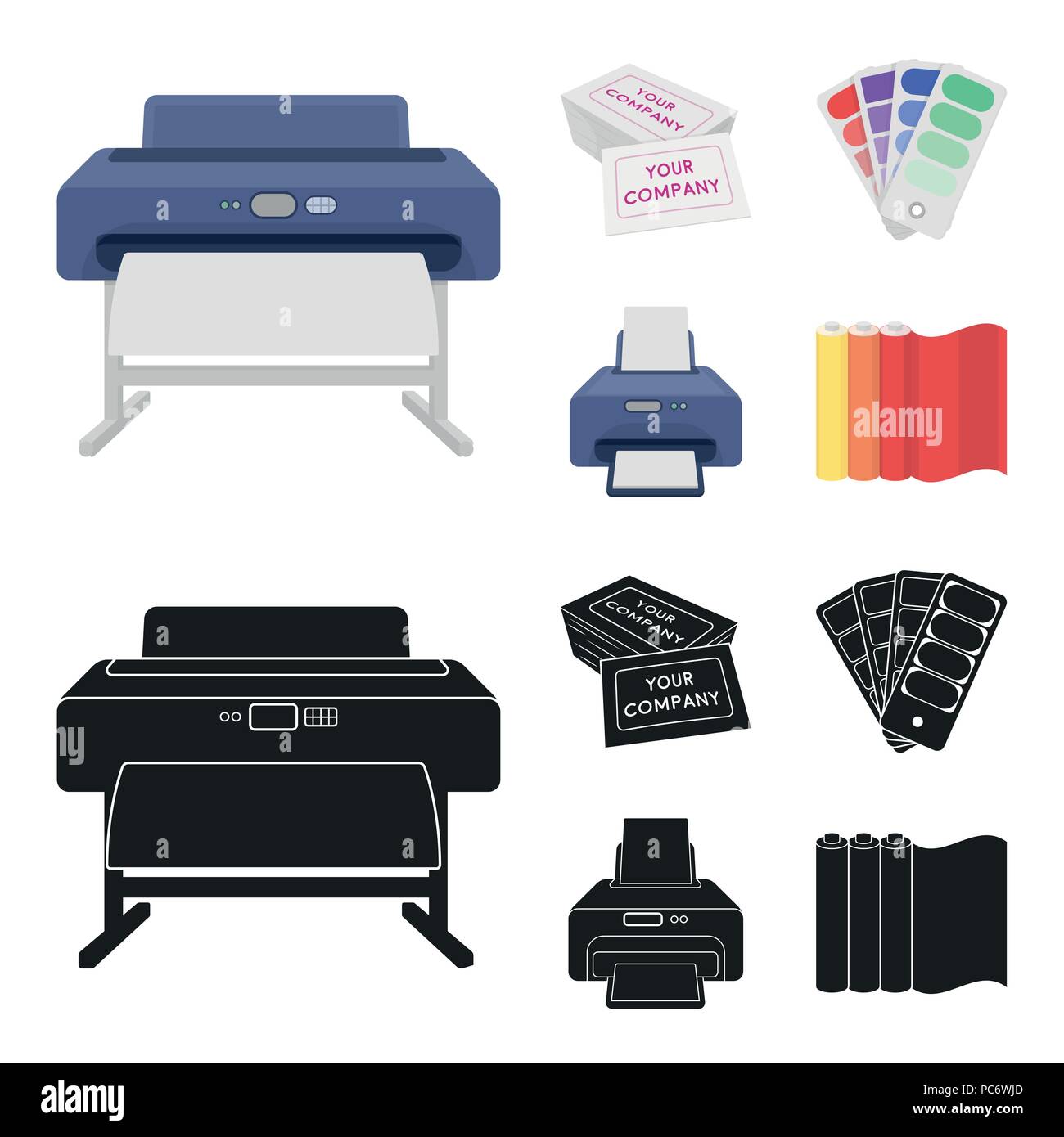 Printer, credit card, color palette.Typography set collection icons in ...