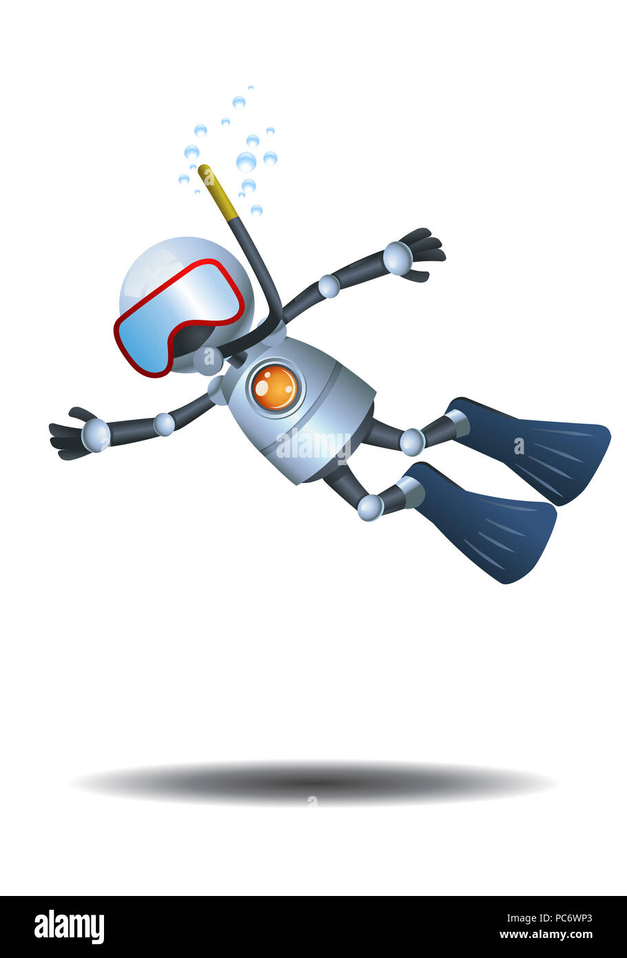 illustration of a little robot diving on isolated white background ...