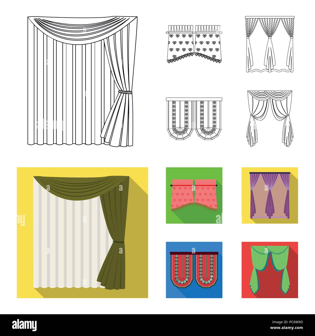Curtains, stick, cornices, and other icon in outline,flat style.Bow ...