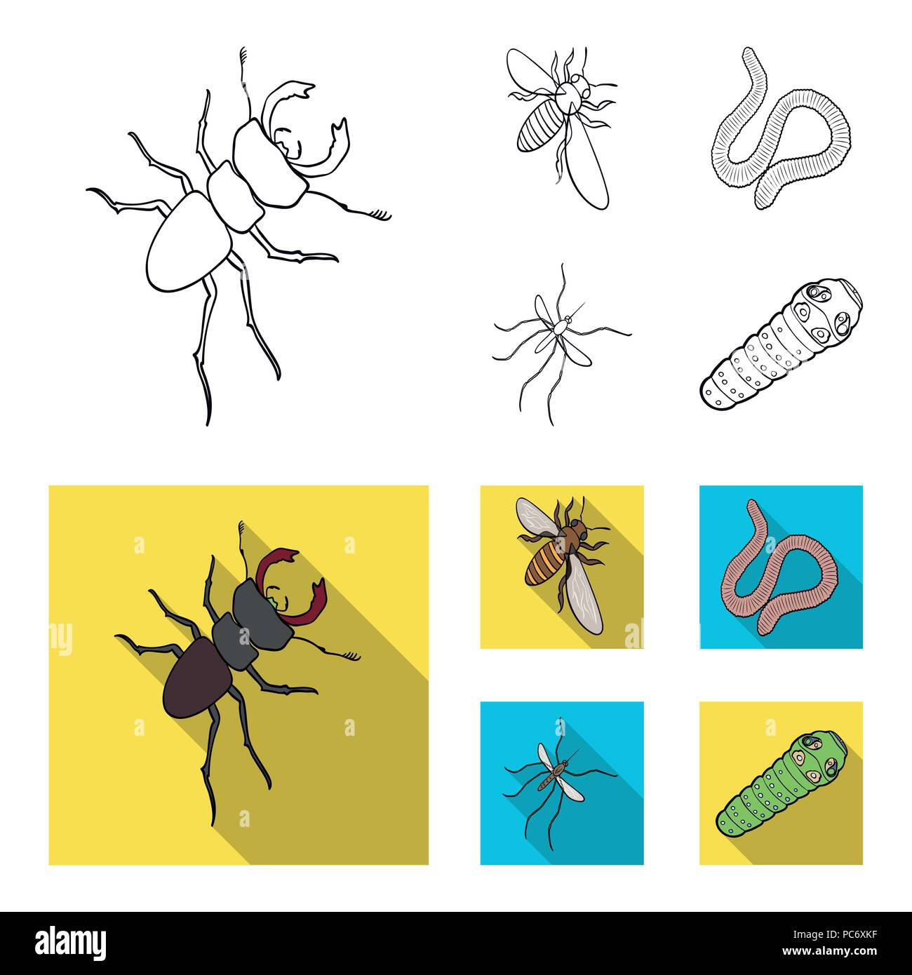 Arthropods insect mosquito, bee.Earth worm, caterpillar,vermicular set ...