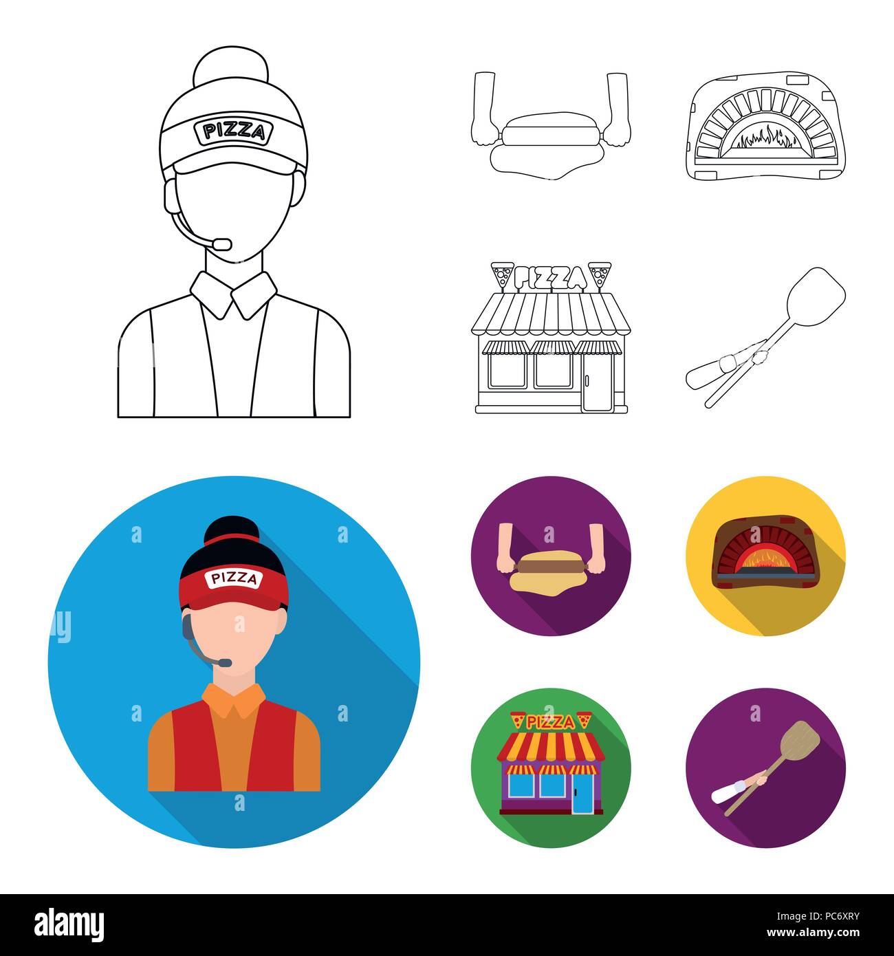 Pizza dough, oven, pizzeria building, spatula for billets. Pizza and ...