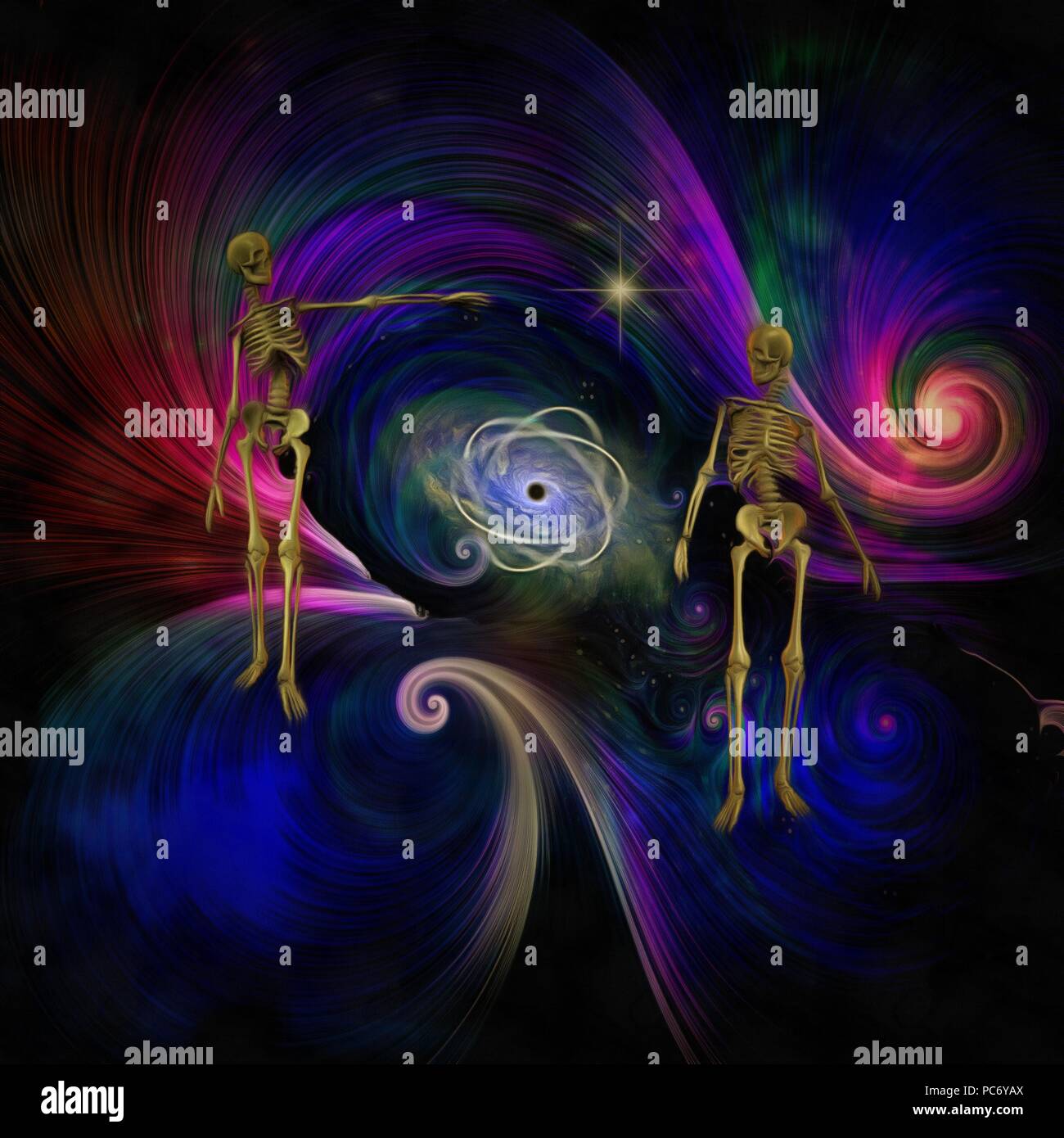 Surreal painting. Black hole or atom core in a center of universe. Two ...