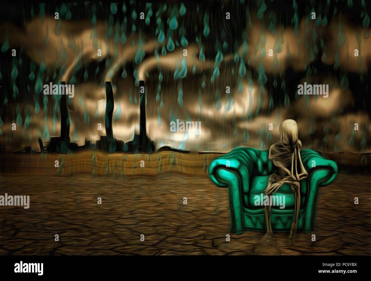 Surrealism. Alien skeleton sits in armchair in arid land. Factory at ...