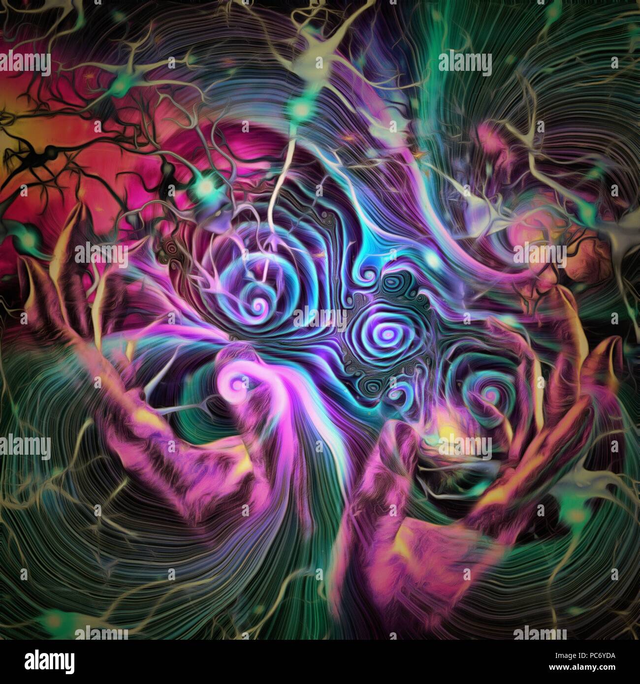 Surreal painting. Hands of God and neurons Stock Photo - Alamy
