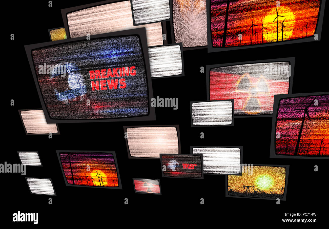 Noise on old tv sets. Flight between television screens with snow and ...