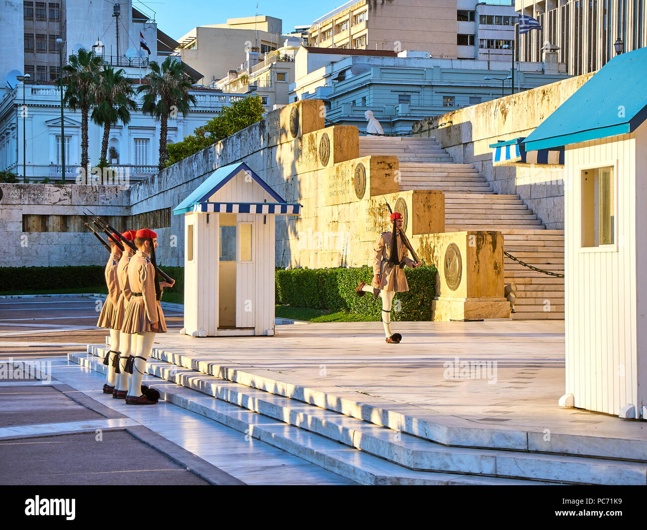 Evzones, soldiers of the presidential guard, during the change of the ...
