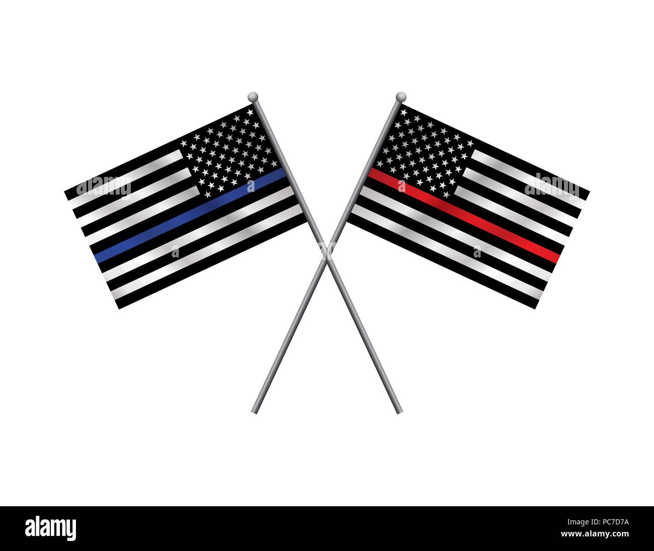 A pair of first responder police and firefighter support flags crossed ...