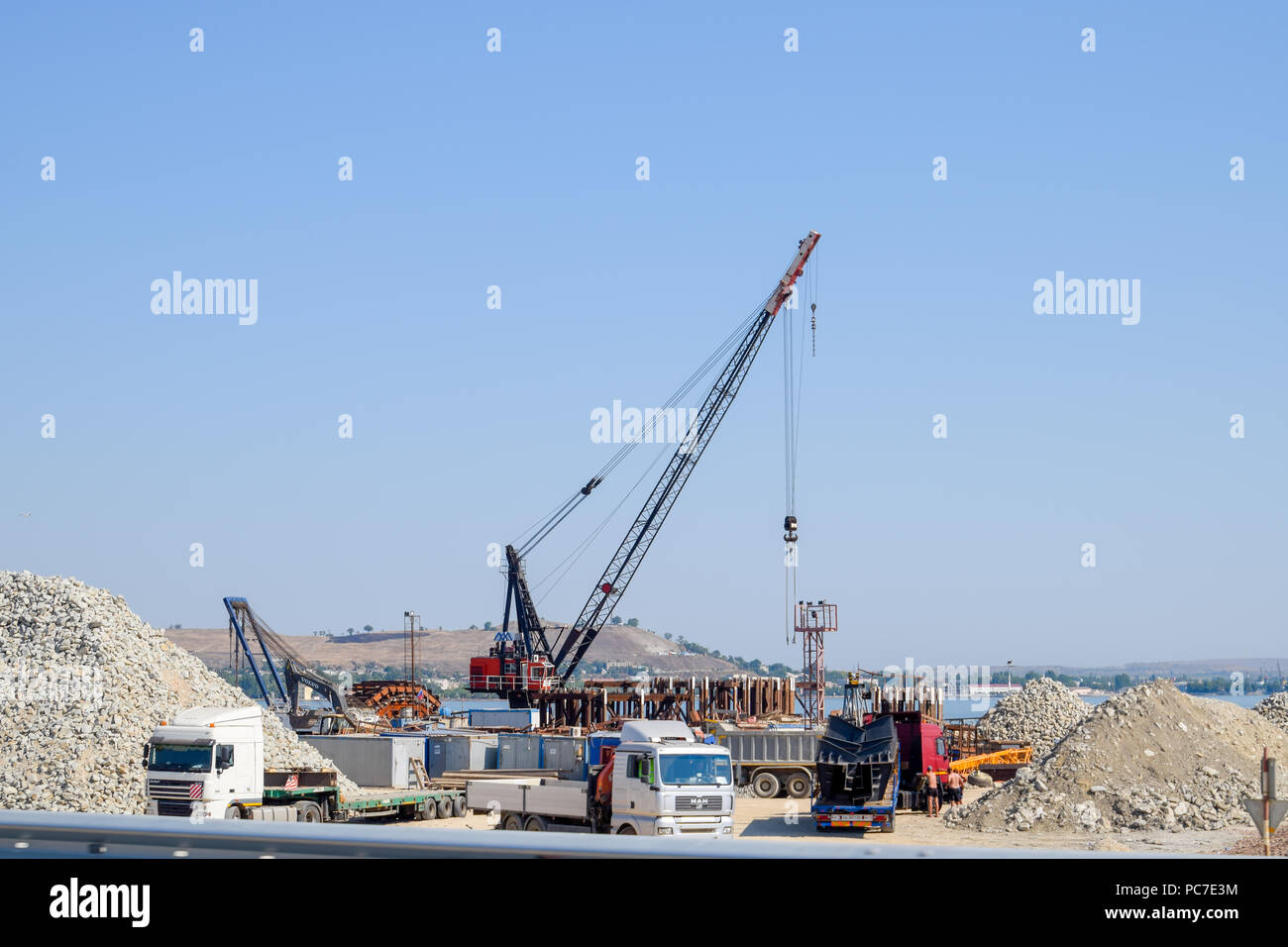 Crimean bridge, Taman, Russia - July 9, 2018: Construction of the ...