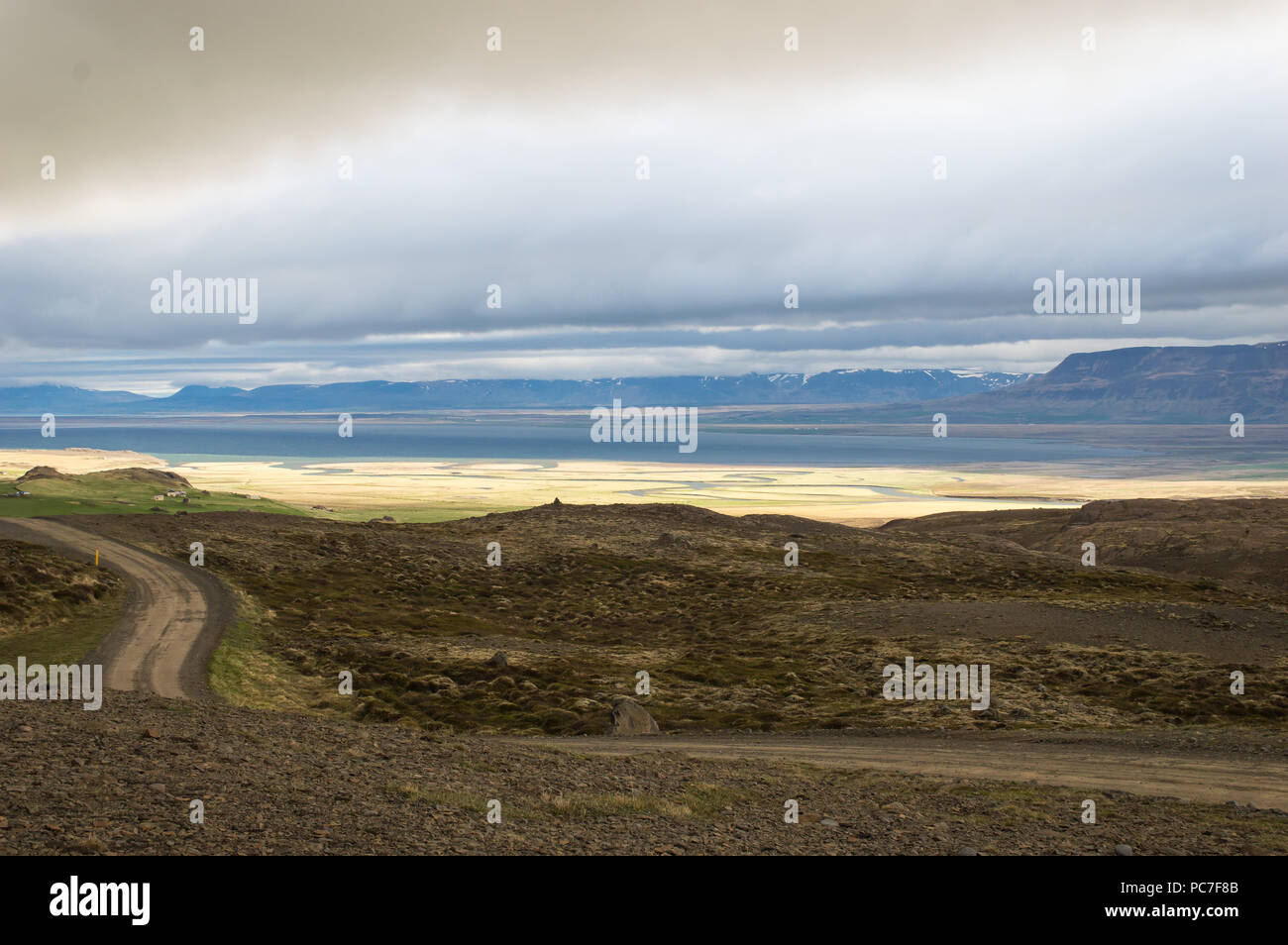 View to hop lagune next to Vesturhop lake from Borgarvirki (columnar ...