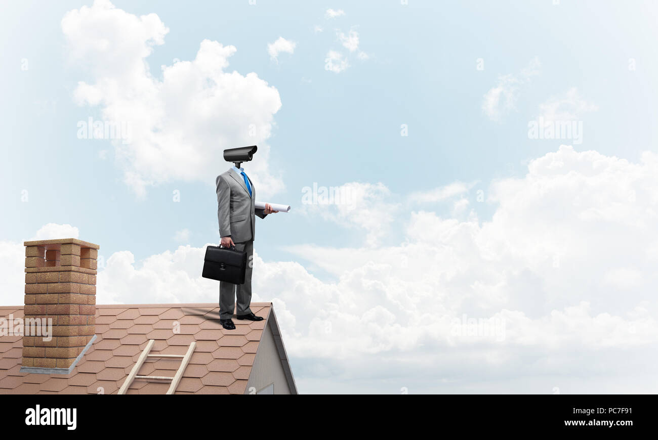 Concept of home security and privacy protection with camera headed man ...