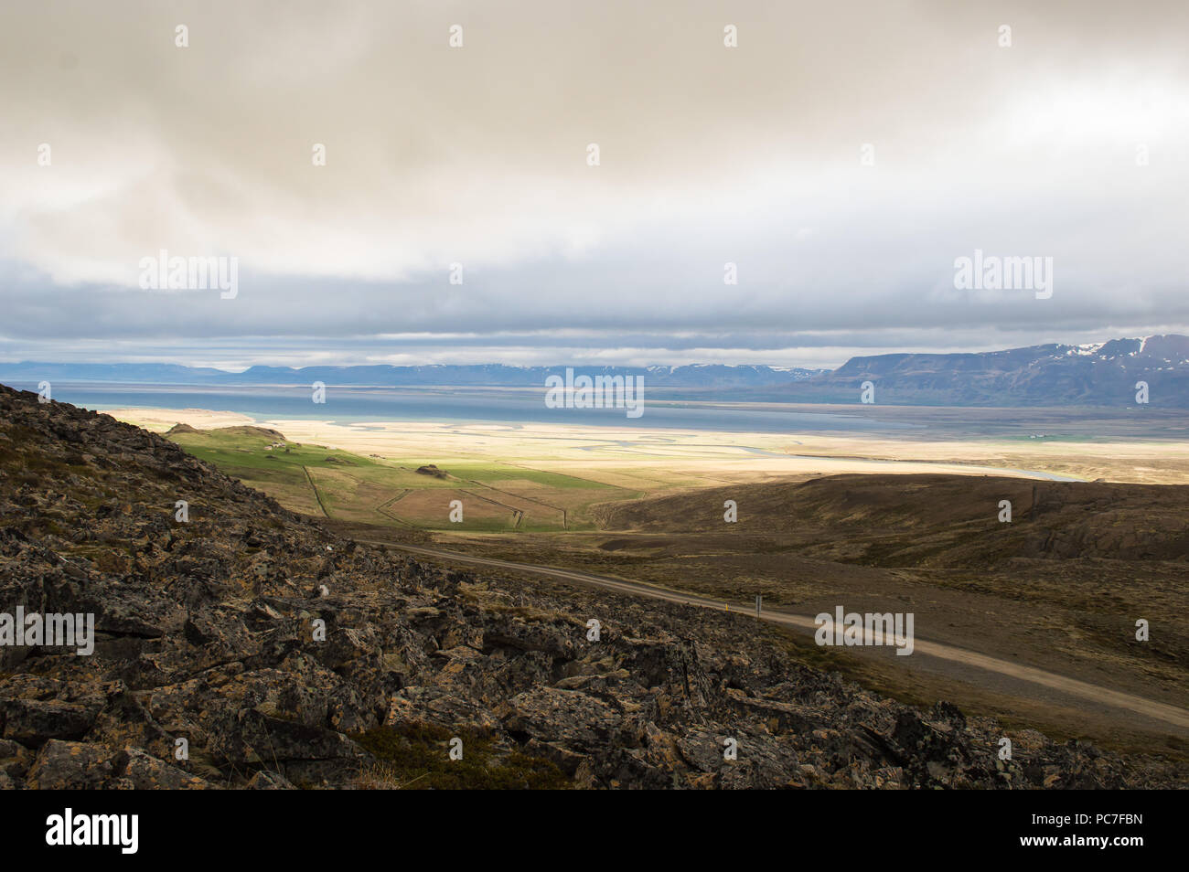 View to hop lagune next to Vesturhop lake from Borgarvirki (columnar ...