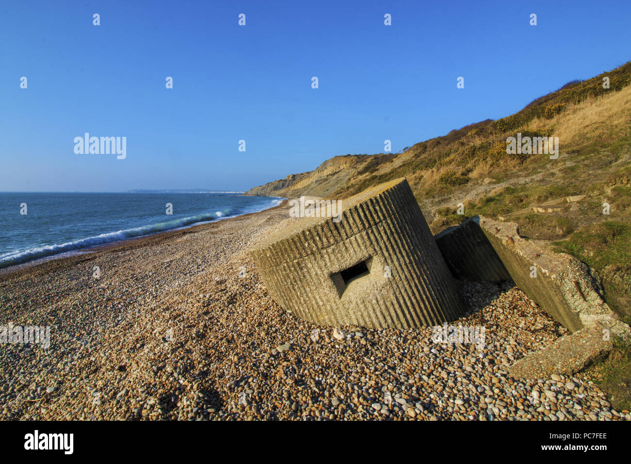 World War Two circular FW3 Type 25 pillbox overlooking beach, Redcliff ...