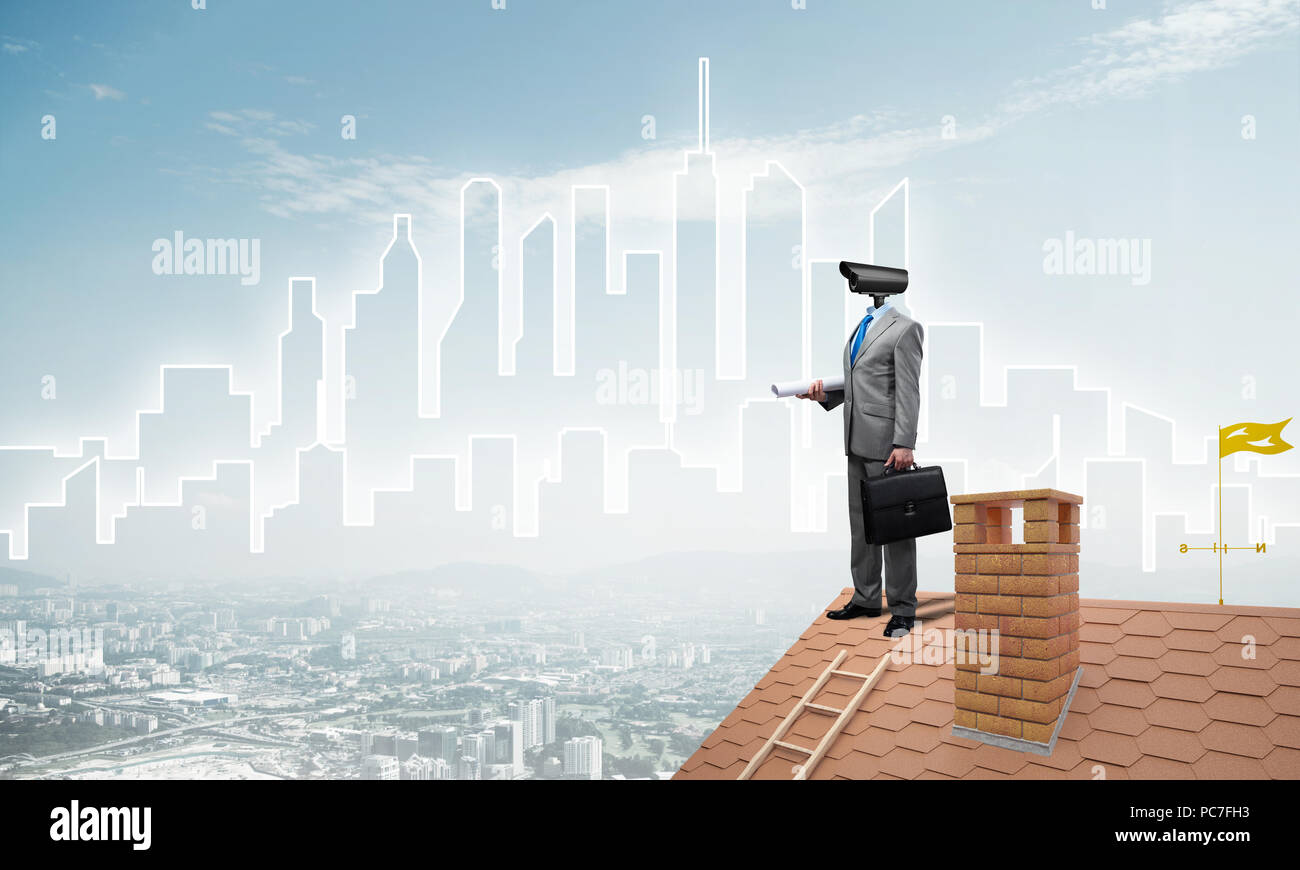 Concept of home security and privacy protection with camera headed man ...