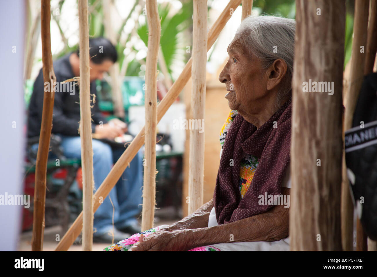 An old woman sitting inside a hut at city festival "Hanal Pixan Stock ...