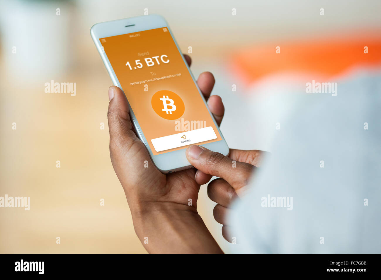 African american person sending a bitcoin btc crypto transaction using ...