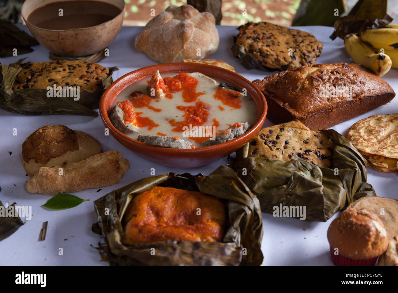 An offer of food. (Traditional food in a table in Hanal Pixan altar ...