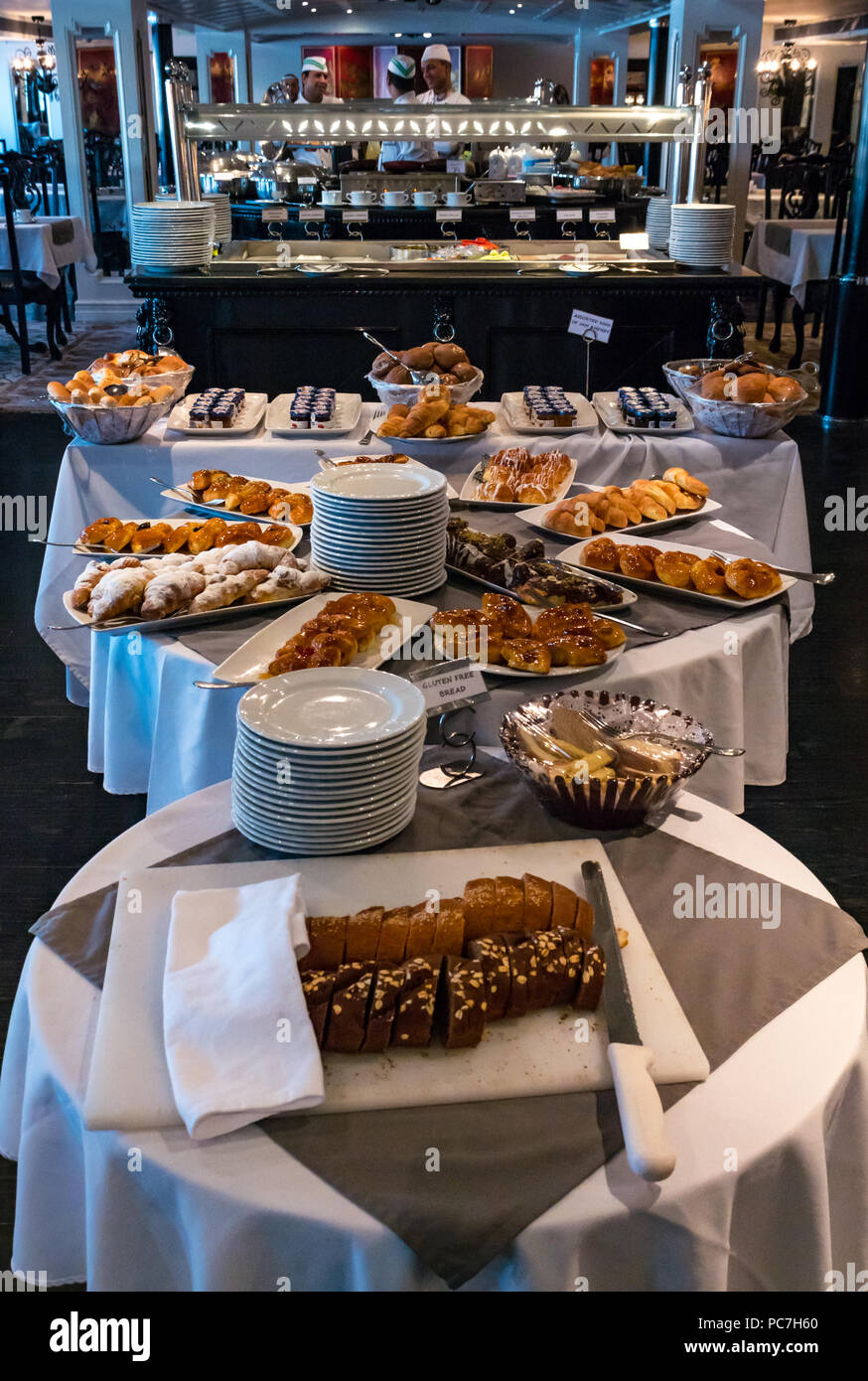Breakfast being served inside River Nile cruise ship MS Mayfair with ...