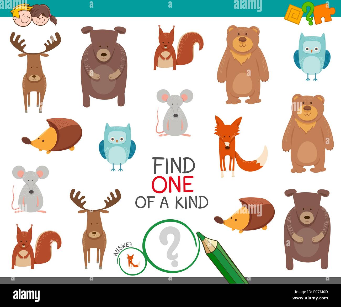 Cartoon Illustration of Find One of a Kind Educational Game for Kids ...