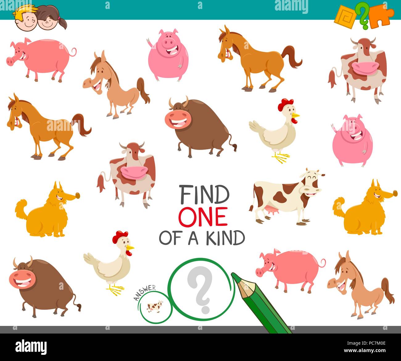 Cartoon Illustration of Find One of a Kind Educational Game for Kids ...