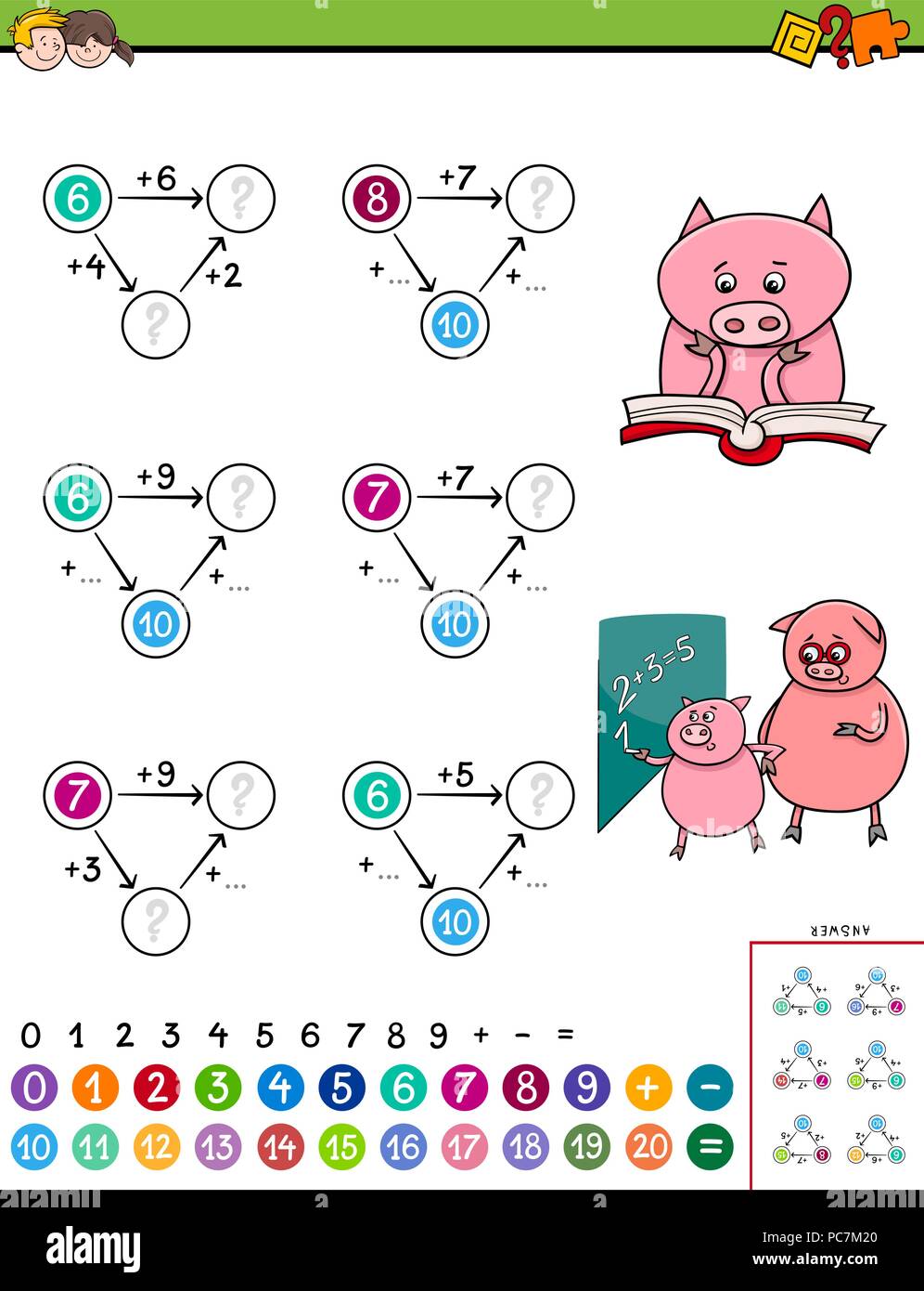 Cartoon Illustration of Educational Mathematical Addition Puzzle Game ...