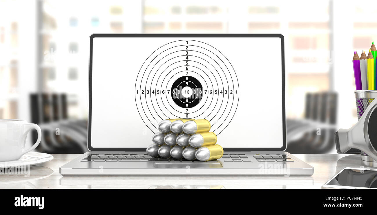 Bullets stack on a computer, shooting target on the screen, blur office ...