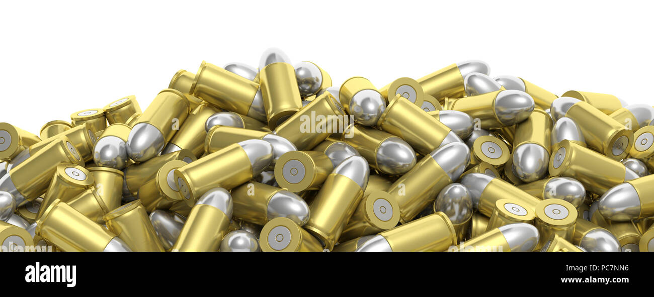 Many gold silver bullets stacked on white background, banner, copy ...