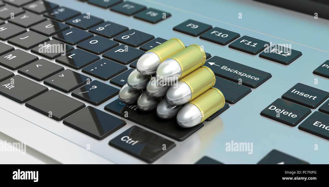 Cyber crime. Bullets stack isolated on computer keyboard. 3d ...