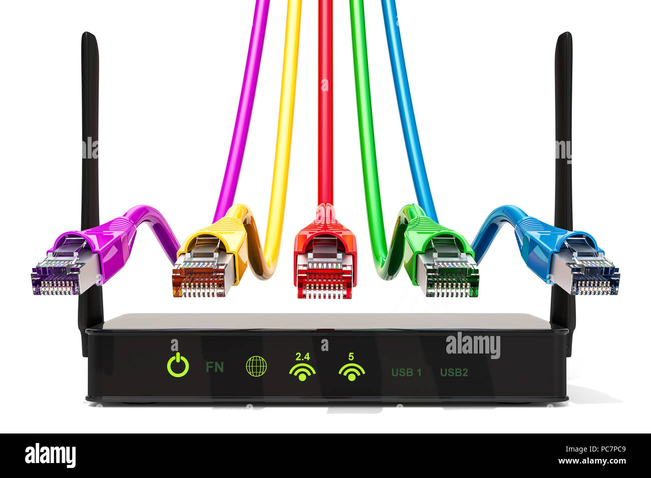 Networking connection concept, router with colored lan cables. 3D ...