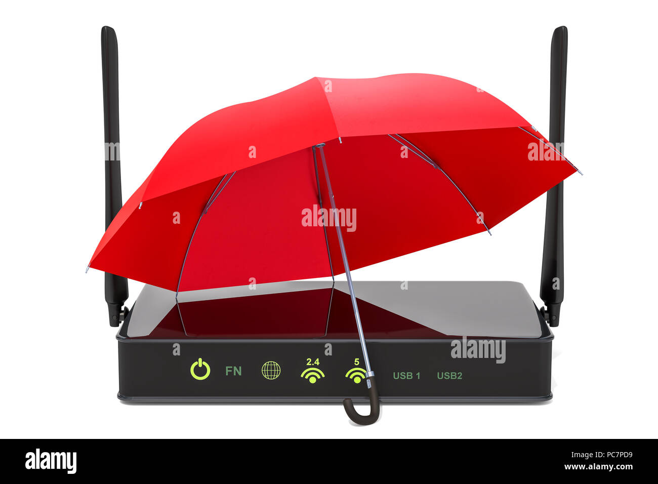Router under umbrella, internet protect concept. 3D rendering isolated ...