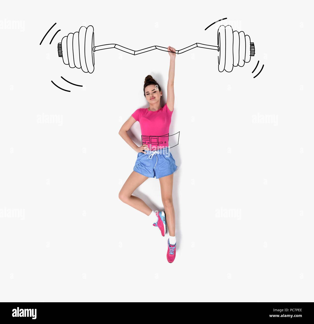 creative hand drawn collage with woman lifting barbell with one hand ...