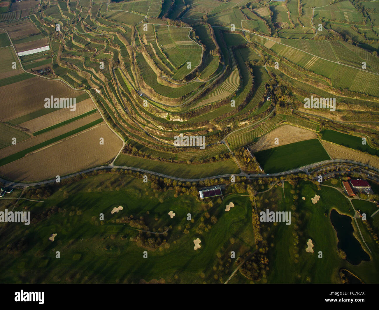 Aerial view of majestic landscape with green fields on tiers, Germany ...