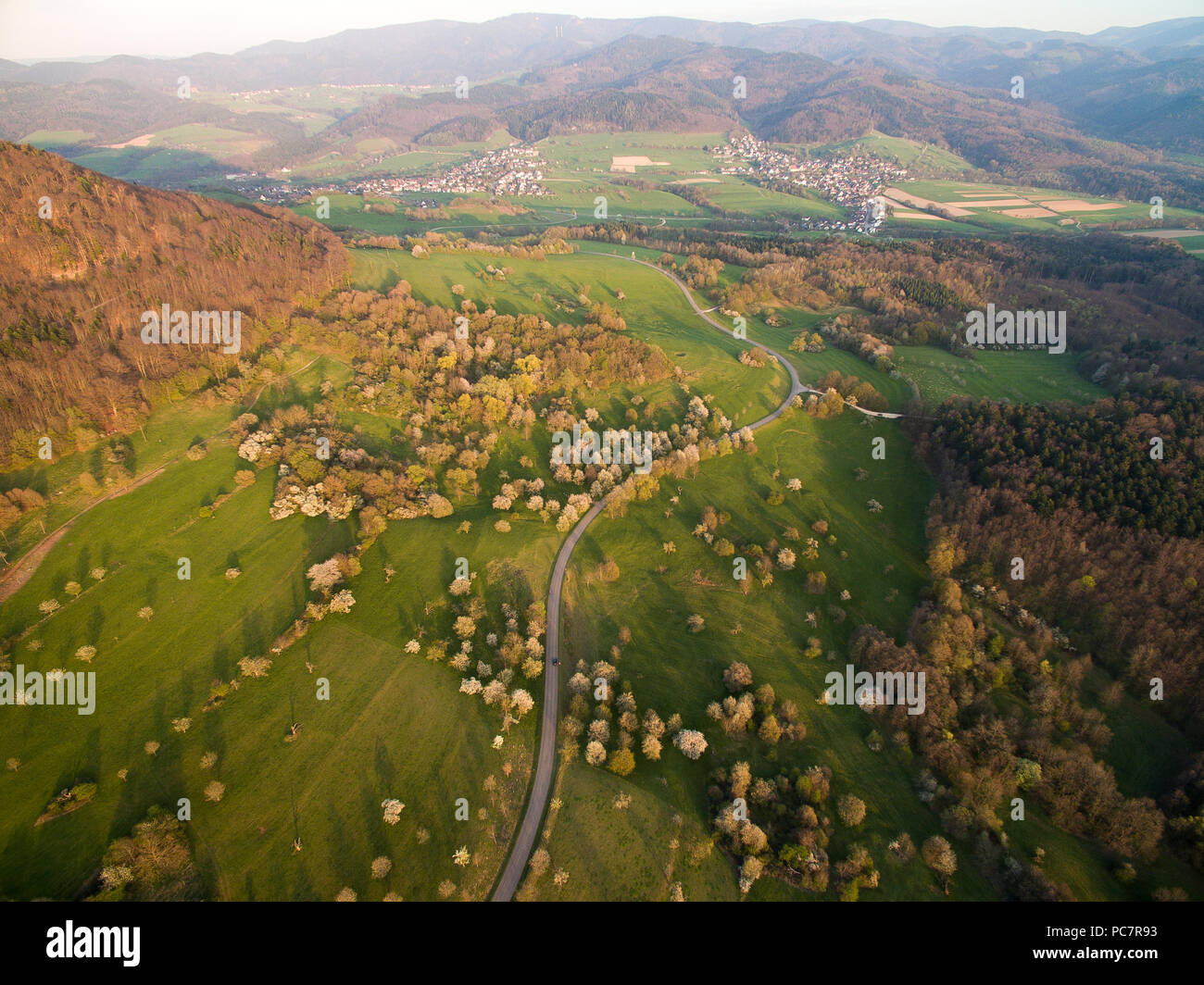 Aerial view of landscape with green hills, trees and road, Germany ...