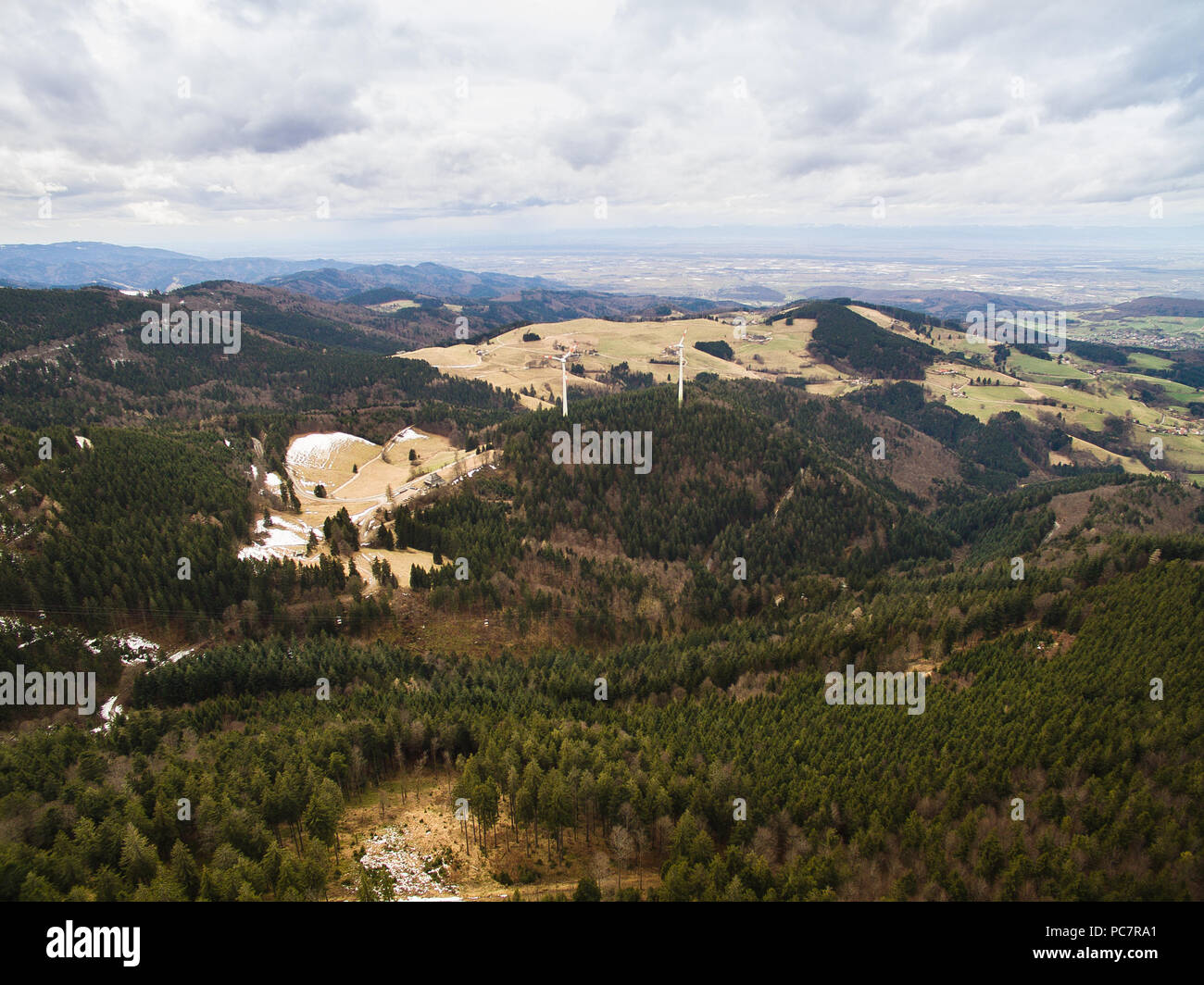 Aerial view of magnificent landscape with hills and forest, Germany ...
