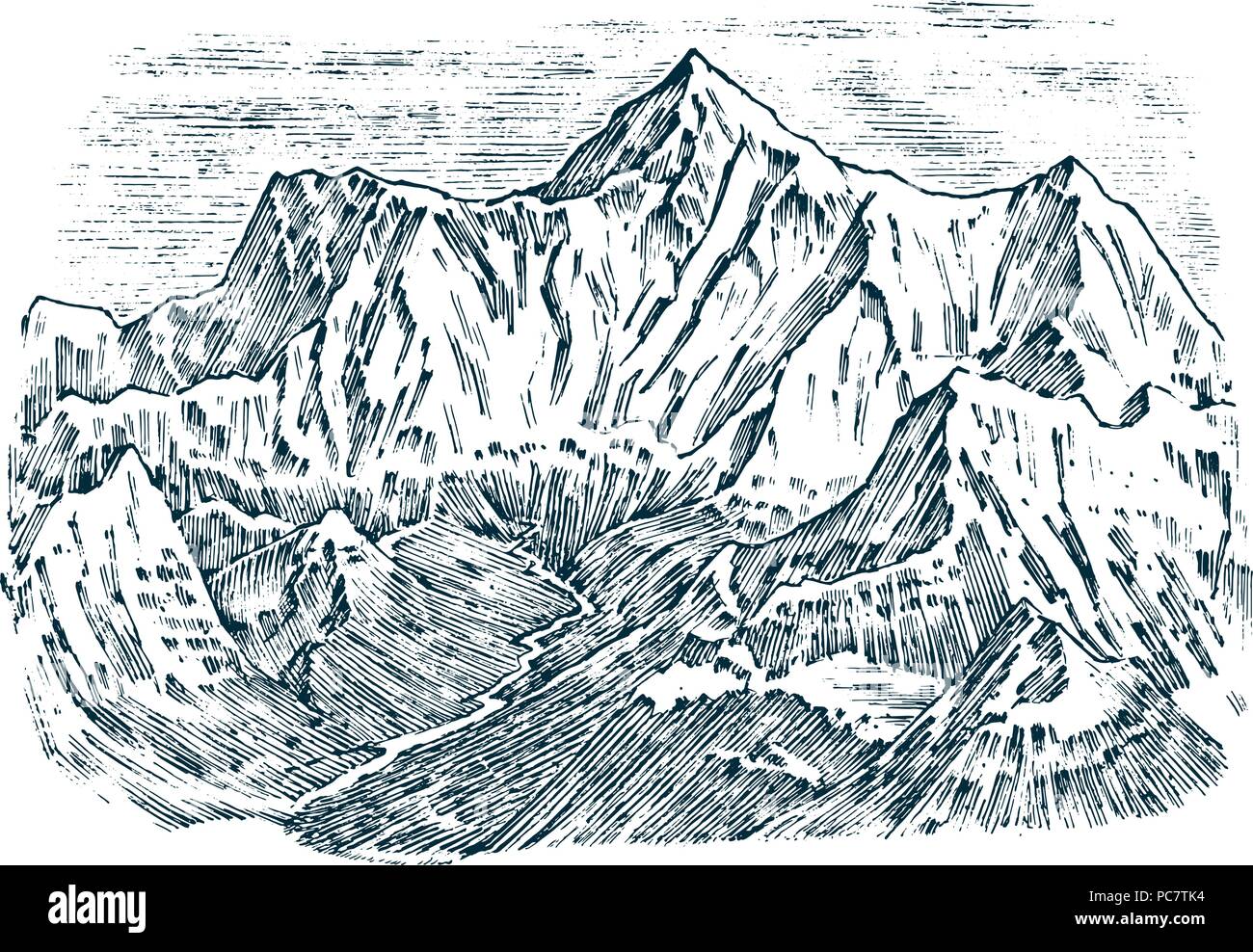 Mountains peaks, vintage Elbrus, old looking hand drawn, sketch or ...