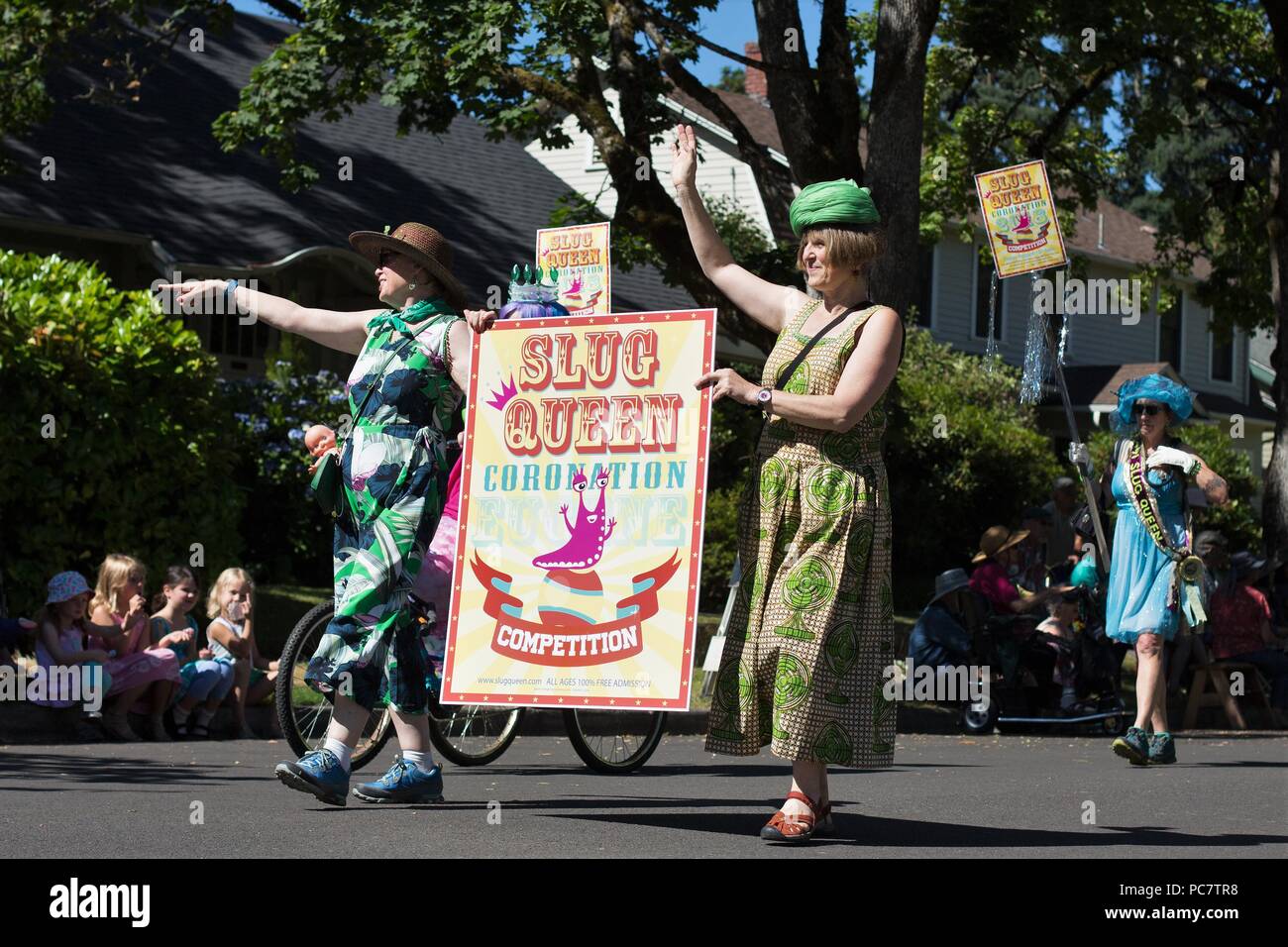 Slug Queen Coronation banner, at the Eug Parade in Eugene, Oregon, USA ...