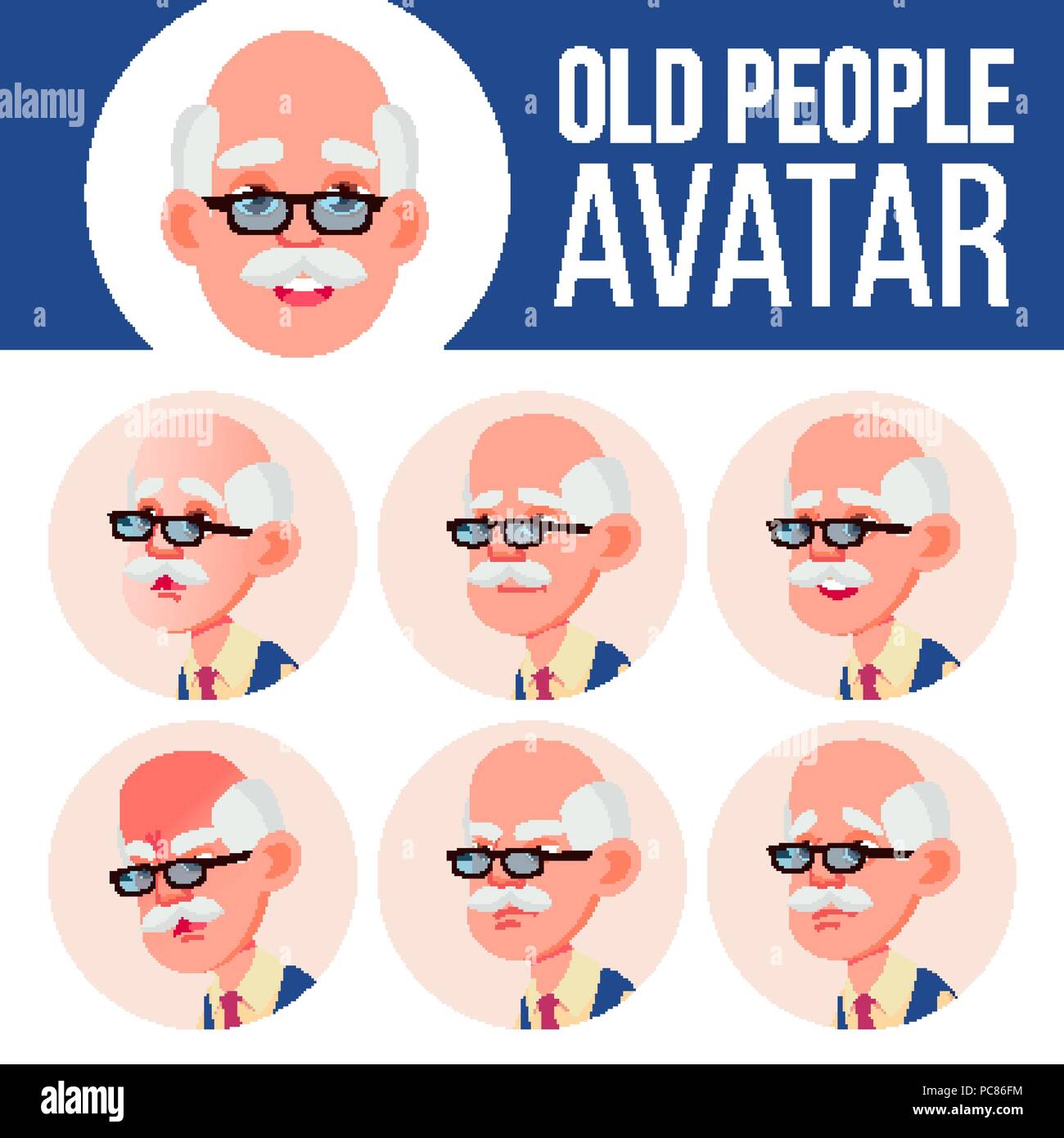 Old Man Avatar Set Vector. Face Emotions. Senior Person Portrait ...