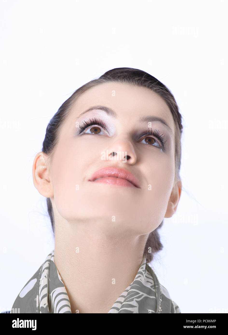 closeup.beautiful modern girl looking up at copy space Stock Photo - Alamy