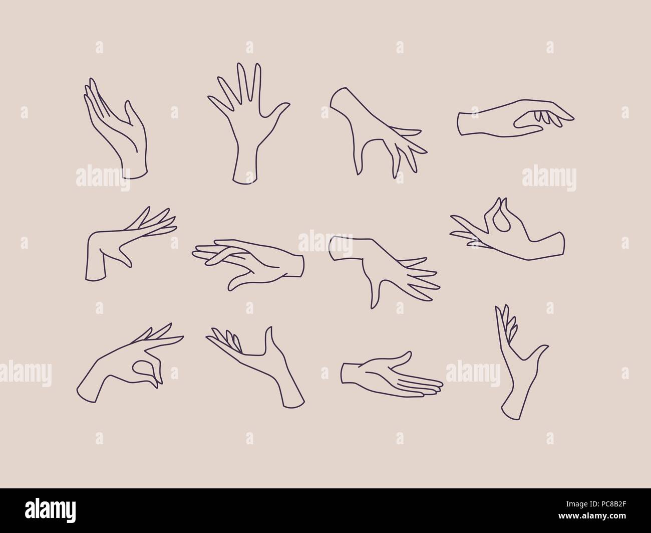 Hands icons drawing in flat style with black lines on beige background ...