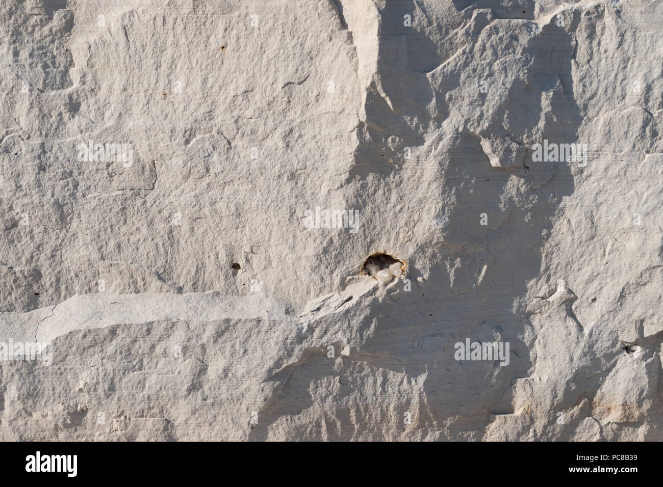 Closeup limestone rock face showing weathered strata for a geological ...